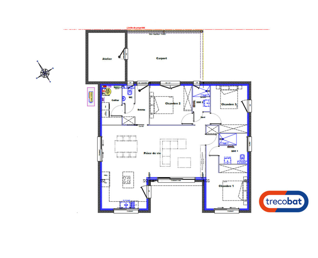 Plan de maison plain-pied en U avec toiture mixte | Trecobat