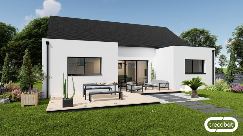 Plan de maison plain-pied en U avec toiture mixte | Trecobat